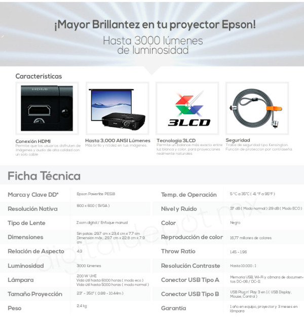 Proyector Epson PowerLite S18+ 3000 lumens HDMI - Digital Depot